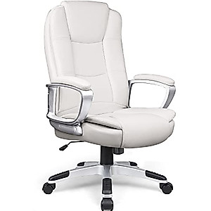 LEMBERI Office Desk Chair, Managerial Executive Chair, Big and Tall High Back Computer Chair, Ergonomic Adjustable Height PU Leather Chairs with Cushions Armrest for Long Time Seating (White)