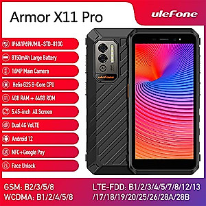 Ulefone Rugged Smartphone Unlocked Power Armor X11 Pro 8150mAh Battery, 8GB+ 64GB Android 12 Waterproof Cell Phone, 16MP Triple Camera 5.45 inch HD+ Screen, Dual SIM 4G Rugged Phone, OTG,GPS,NFC