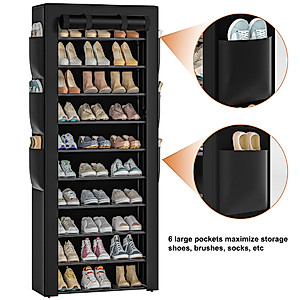 OYREL Large Shoe Rack, Black, 6 Side Pockets, 23.6" Wide x 11.4" Deep x 68.9" Tall, 36-41 Pairs of Shoes