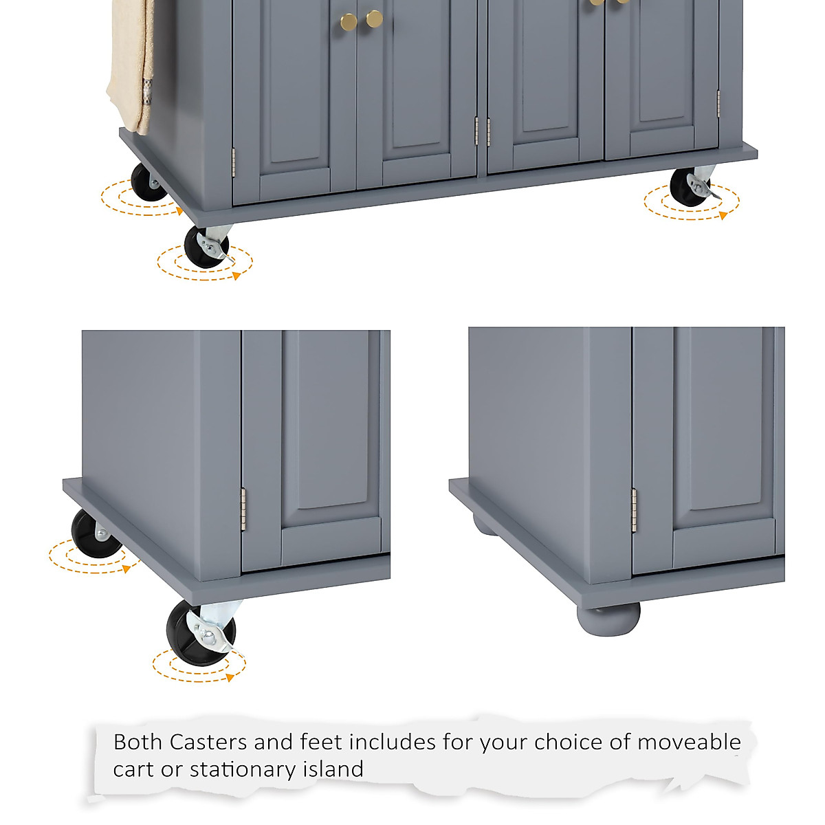 Finnhomy Rolling Kitchen Island With Drop Leaf, Thicken Rubberwood Top, Spice Rack, Towel Rack, Drawer, 43.3" Portable Mobile Kitchen Island Carts Table, Storage Cabinet, Both Wheels and Feet Included