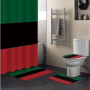 Shower Curtain Set with Bathroom Rugs and Mats Independence Day USA Flag Black Red Green Stripe Bathroom Rugs Set 4 Piece, Non-Slip Rugs,Toilet Lid Cover Bath Mat, Waterproof Shower Curtain for Tub