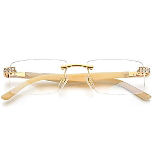 HEPIDEM 100% Really Buffalo Horn Glasses,Square Rimless Luxury Buffs Eyeglasses With Diamonds (White 0023)