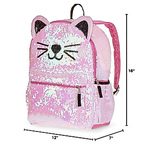 2 Way Sequin Kitty Cat Backpack for Girls Teens ~ Premium 16 Kitten School Bag with Reversible Sequins and 3D Cat Ears (Kitty School Supplies Bundle)