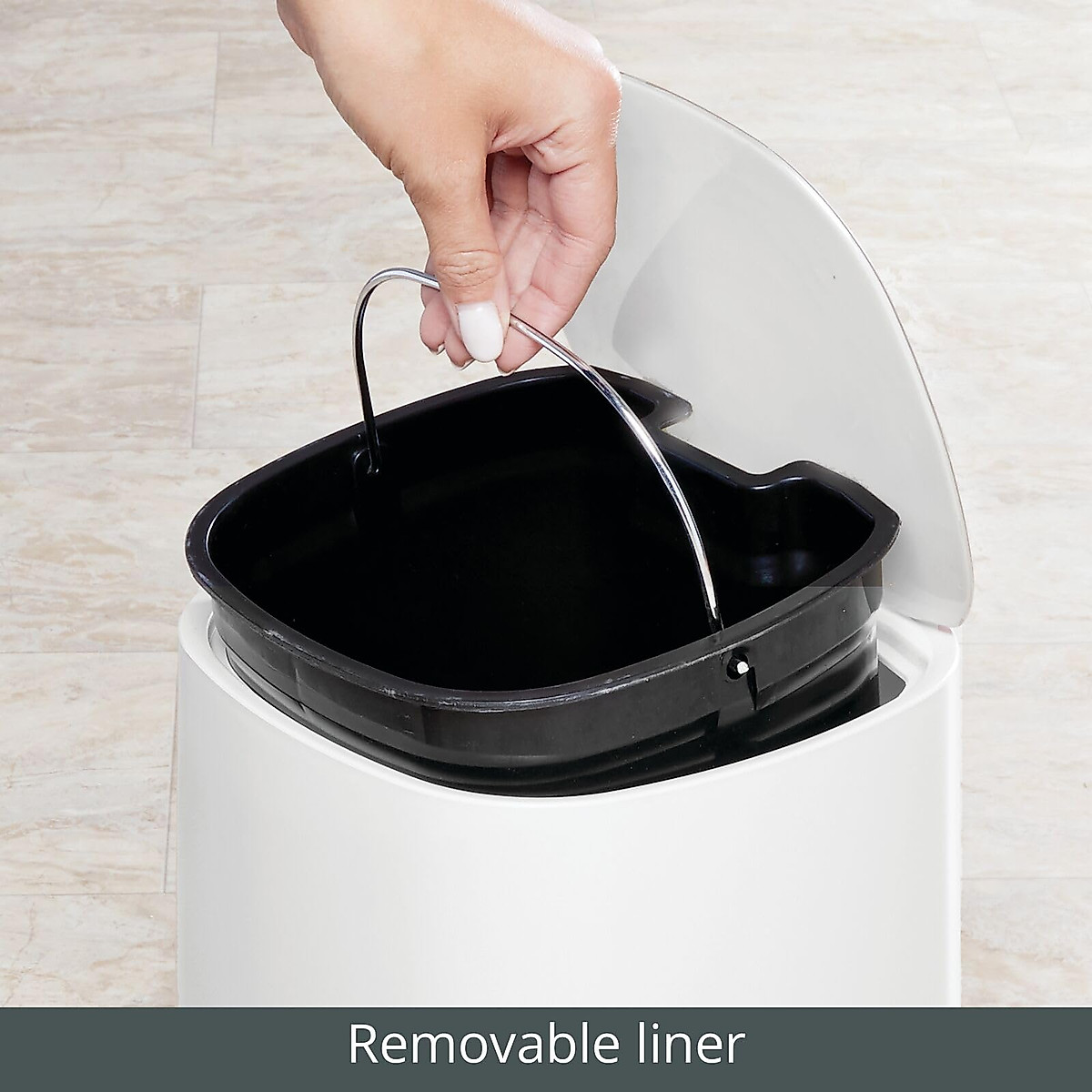 mDesign Plastic 1.3 Gallon/5 Liter Trash Can Waste Basket for Bathroom with Lid, Step Pedal Dustbin, and Removable Liner Bucket - Small Garbage Bin for Bathroom, Bedroom, or Office - White