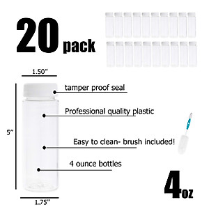 Empty PET Plastic Juice Bottles - Pack of 20 Round Reusable Clear Disposable Milk Bulk Containers with Funnel and Brush and Tamper Evident Caps (White, 4 oz)