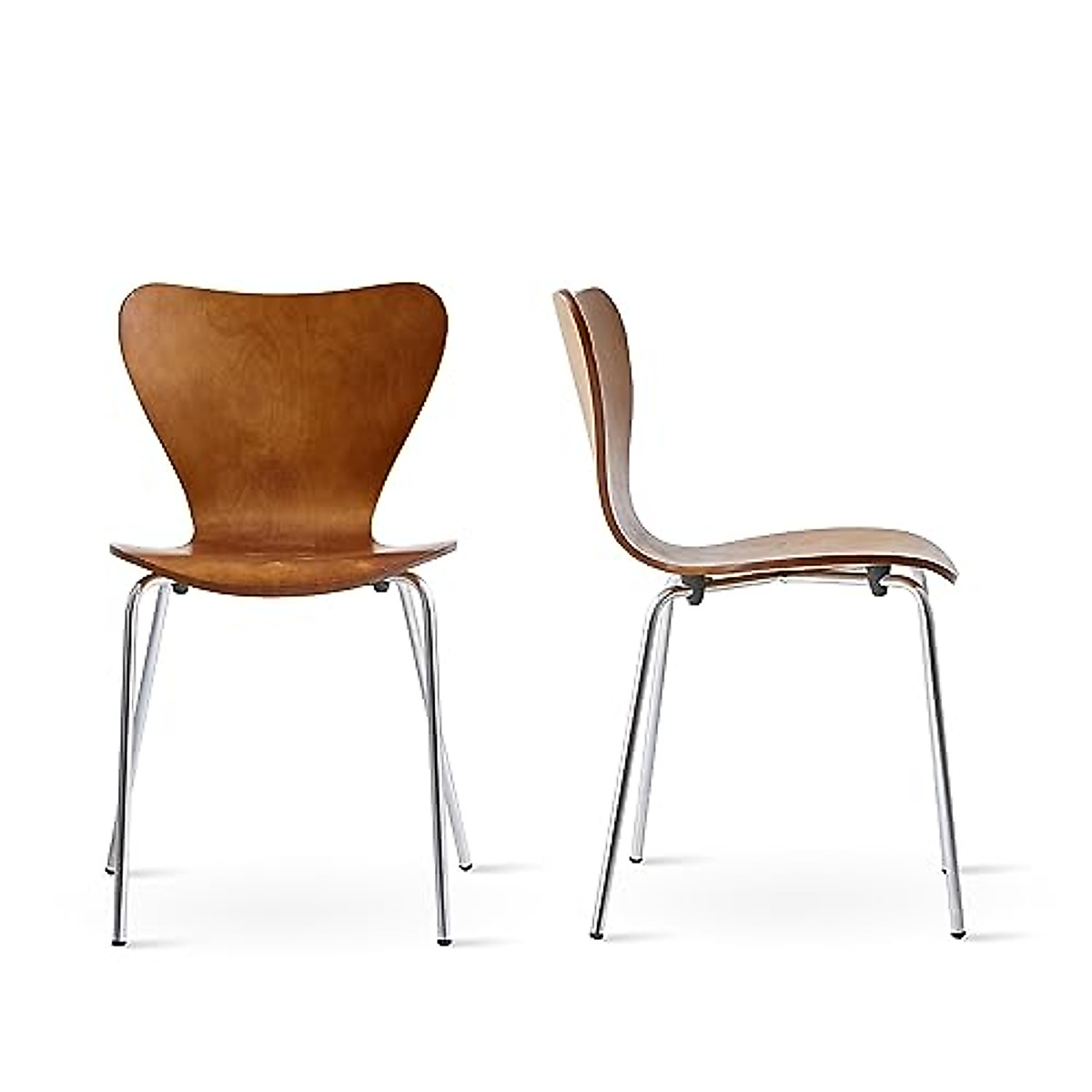 Livinia No.7 Mid-Century Modern Wooden Dining Chairs Set of 2, Contemporary Stackable Bentwood Kitchen Interior Armless Chairs with Steel Legs (Walnut)