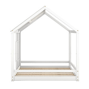 Bellemave House Bed Full Size Montessori Style Floor Frame Wood Kids Cabin Beds Fun Playhouse with Roof and Window for Girls Boys Teens, White