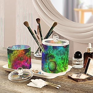 OTVEE Set of 2 Abstract Colorful Planet Universe Cotton Swab Holder Plastic Qtip Bathroom Container for Floss Apothecary Jar