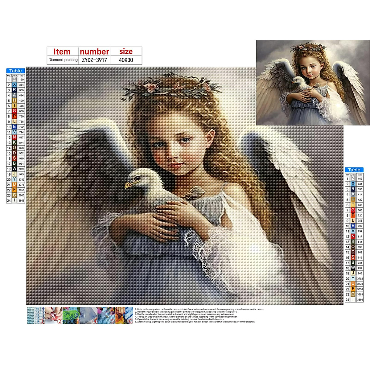 QAZWSX Angel Girl and Dove Diamond Painting, an Angle and A White Bird DIY 5D Diamond Art Kit for Adults Kids Round Full Drill Diamonds Crystal Rhinestone Paint Christmas Gift Decor 16x12 inch
