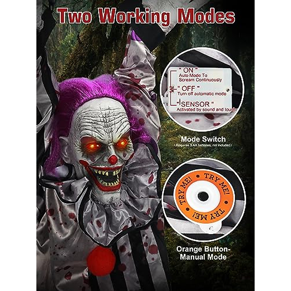 Scary Clown Halloween Decorations Outdoor Hanging Talking Clown Animatronics with Light Up Red Eyes, Sound & Touch Activated for Indoor Yard Haunted House Decor