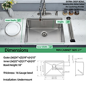 EcoChannels Undermount Kitchen Sink, 24 x 19 Inch Sink Kitchen 16 Gauge Stainless Steel Kitchen Sinks Single Bowl Workstation Sink with Cutting Board