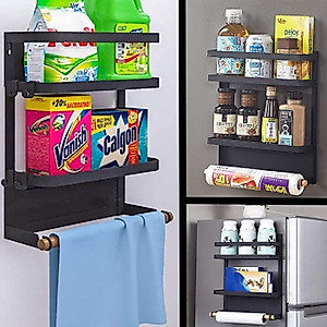 Vodoco Magnetic Spice Rack, Refrigerator Organizer Kitchen Storage 2-Tier Magnetic Shelf Magnetic Paper Towel Holder Spices Organizer Wall Storage Kitchen Storage Rack - Black