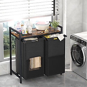 Huhote Laundry Hamper, double Laundry Basket, Laundry Sorter with Top Shelf & 2 Removable Washable Bags & Side Pockets for Laundry Room organization, Bathroom and Dorm, Rustic Brown and Black.