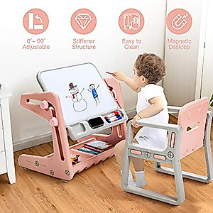 Costzon 2 in 1 Kids Table & Chair, Art Easel w/Adjustable Magnetic Painting Board, Storage Space, Art Supply Accessory, Children Convertible Activity Table Set for Drawing Reading Art Playroom (Pink)