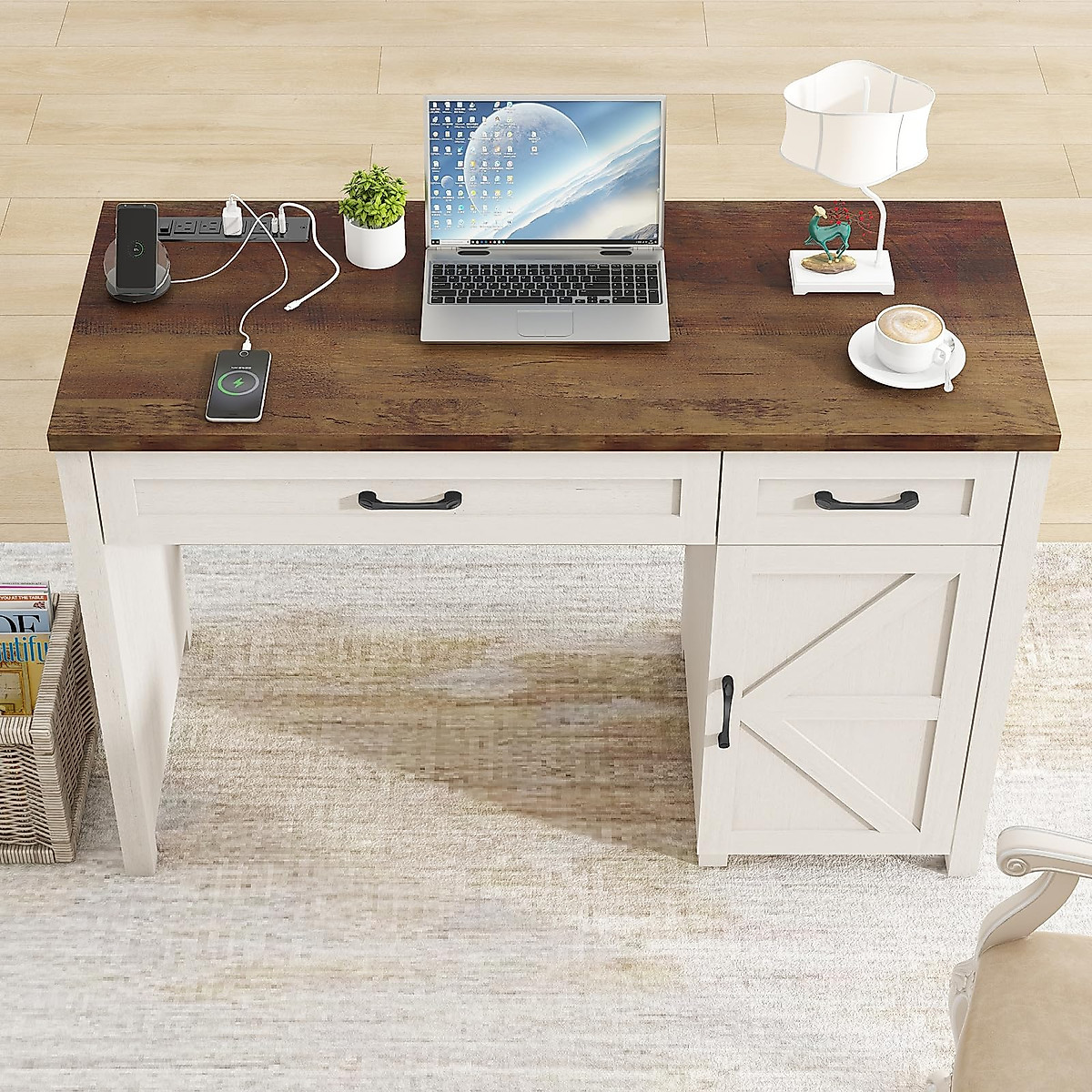 Farmhouse 47" Executive Desk, Computer Desk with Drawers and Cabinet, Workstation Computer Desk for Study and Home Office