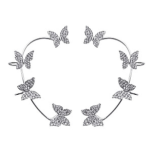 Taichell Shining Butterfly Ear Cuffs Zircon Butterfly Earrings for Women, Silver, Non-Piercing, Adjustable