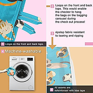 BeeGreen Reusable Grocery Bags Foldable 6 Pack Shopping Bags Large 50LBS Cute Groceries Bags w Pouch Bulk Ripstop Watertight Machine Washable Nylon Compact Elephant Hedgehog Cat Turtle Dog Penguin