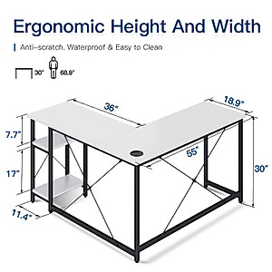 Coleshome 55" L Shaped Computer Desk with Storage Shelves, Gaming L Desk, Writing Workstation for Home Office, Space-Saving Corner Table, Easy to Assemble, White