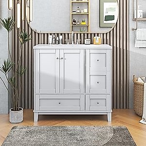 FEELLE 36 Inch Modern Bathroom Vanity with USB Charging, 2 Doors and 3 Drawers Bathroom Storage Vanity Cabinet with Single Sink, White