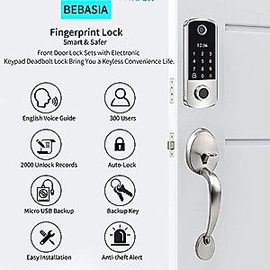 BEBASIA Fingerprint Door Lock with Handles, Keyless Entry Door Lock, Auto Lock & 1 Touch Locking, Anti-Peeping Password, 300 Users, IC Cards, OLED Display Electronic Smart Deadbolt (Satin Nickel)