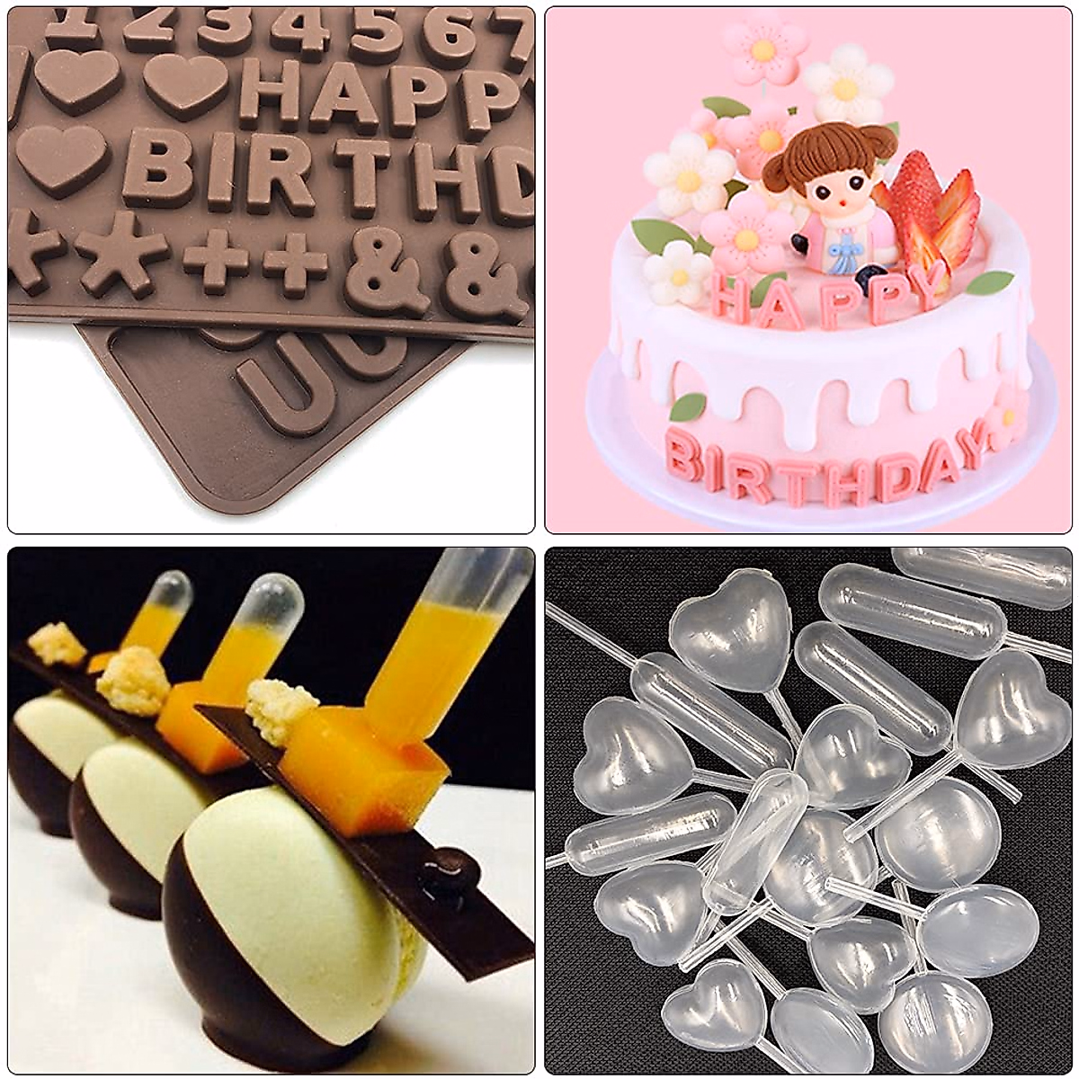 150PCS 4ml Squeeze Transfer Cupcakes Pipettes, SourceTon Silicone Letter Mold and Number Chocolate Molds with Plastic Squeeze Dropper (Rectangular,Heart,Round Shape)