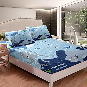 Shark and Whale Fitted Sheet,Full Size Cartoon Sea Animal Collections Octopus Turtle Theme,Soft Decorative Fabric Bedding Deep Pocket for Children Teens Young Boys Girls,with 2 Pillowcases