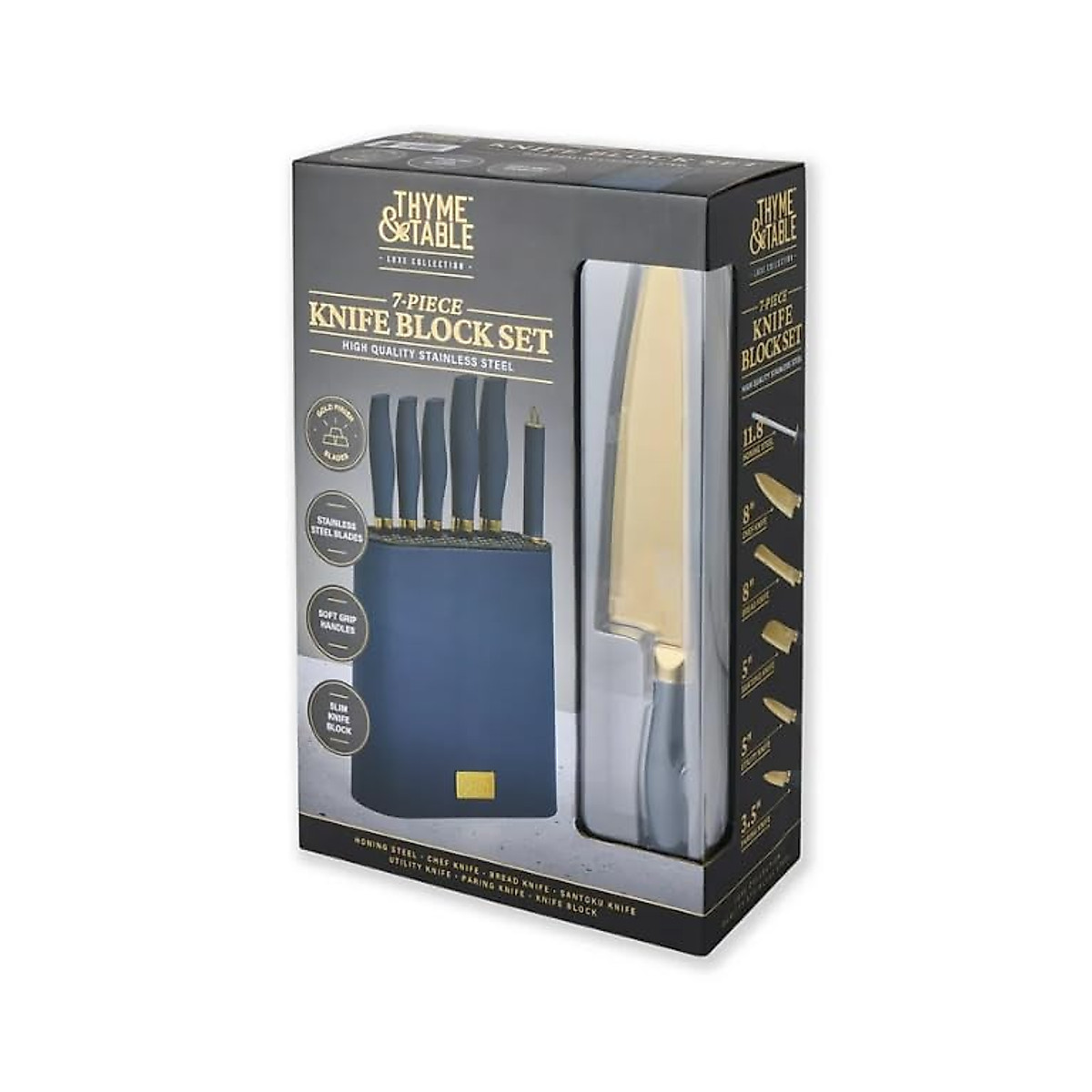 Generic Beautiful 7-Piece Slim Block Knife Set with Gold Blades and Blue Block