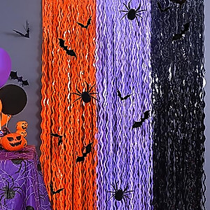 Mega-L Halloween Foil Fringe Curtains, 3 Pack Orange Purple Black Photo Booth Props, 18 Pcs PVC Bat & Spider Stickers Wall Decals, Halloween Photo Backdrop Wall Decor for Halloween Party Decorations