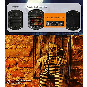 CRILEAL Skeleton Animated Halloween Decorations, Screaming Halloween Decor with Motion Activated & Light Sensor, Spooky Prisoner Cage with Spider Web Haunted House Decorations, Ghost with Hat