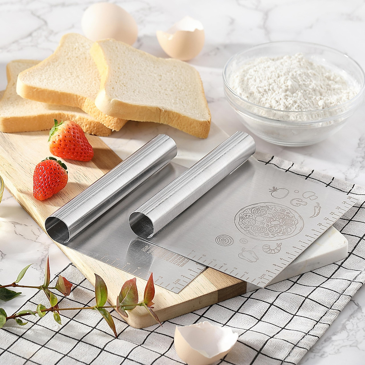 2PCS Bench Dough Scraper Cutter, LCCOWOT Stainless Steel Kitchen Food Scraper Chopper with Matched Protective Cover, 6 inch Bench Knife for Banking & Cooking (2Pack, Silver)