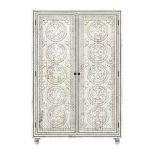Khalifa Hand Carved Wardrobe Armoire - Weathered White Finish Mango Wood