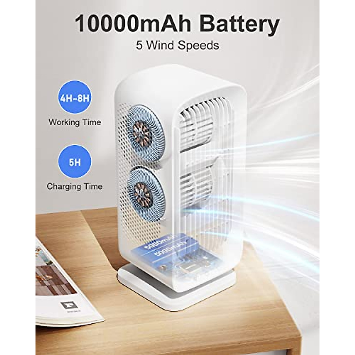 SWEETFULL Desk Fan,10000mAh Battery Operated Tower Fan Portable Fan Small Personal Table Fan, Oscillating Fan,5 Speed Rechargeable Battery Cooling Electric Fan for Bedroom Office Outdoor Indoor