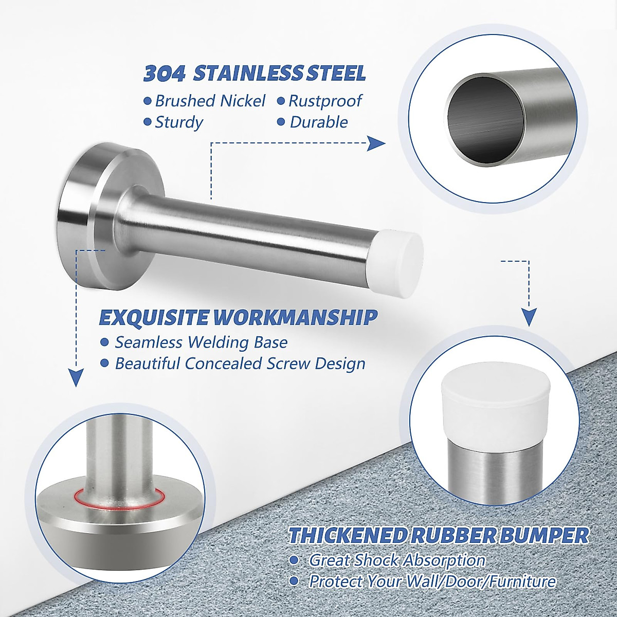 Door Stop 3.5 Inch, 2 Pack Brushed Nickel Door Stopper, Wall Mounted, Modern Commercial Stainless Steel Doorstop Wall Protector with Sound Dampening Door Bumper, Silver