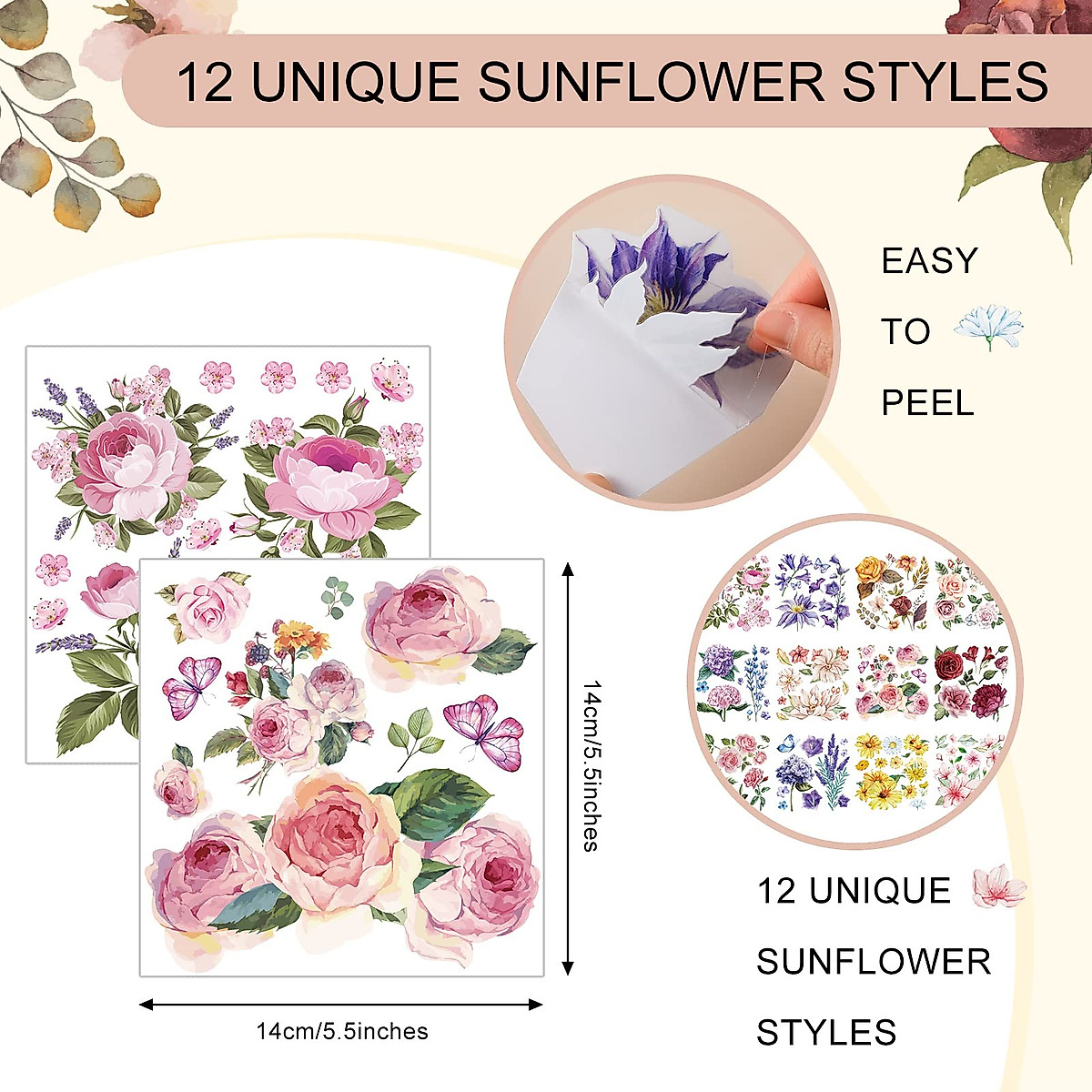 BBTO 12 Sheets Rub on Transfers for Crafts and Furniture Rub on Transfer Stickers Decals for Wood DIY Paper Home Decor, 5.5 x 5.7 Inch(Floral Style)