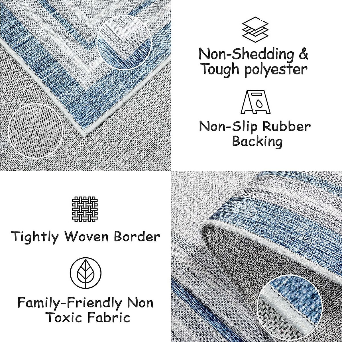 Beeiva Border Blue Rugs for Entryway, Kitchen Rugs Non Slip Washable 2x3 Throw Rugs with Rubber Backing, Modern Printed Small Accent Rugs for Bedroom Indoor Bathroom