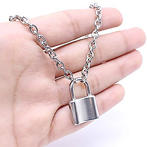 Qiuseadu 7th Moon Lock Pendant Necklace Statement Long Chain Punk Multilayer Choker Necklace for Women (Silver)