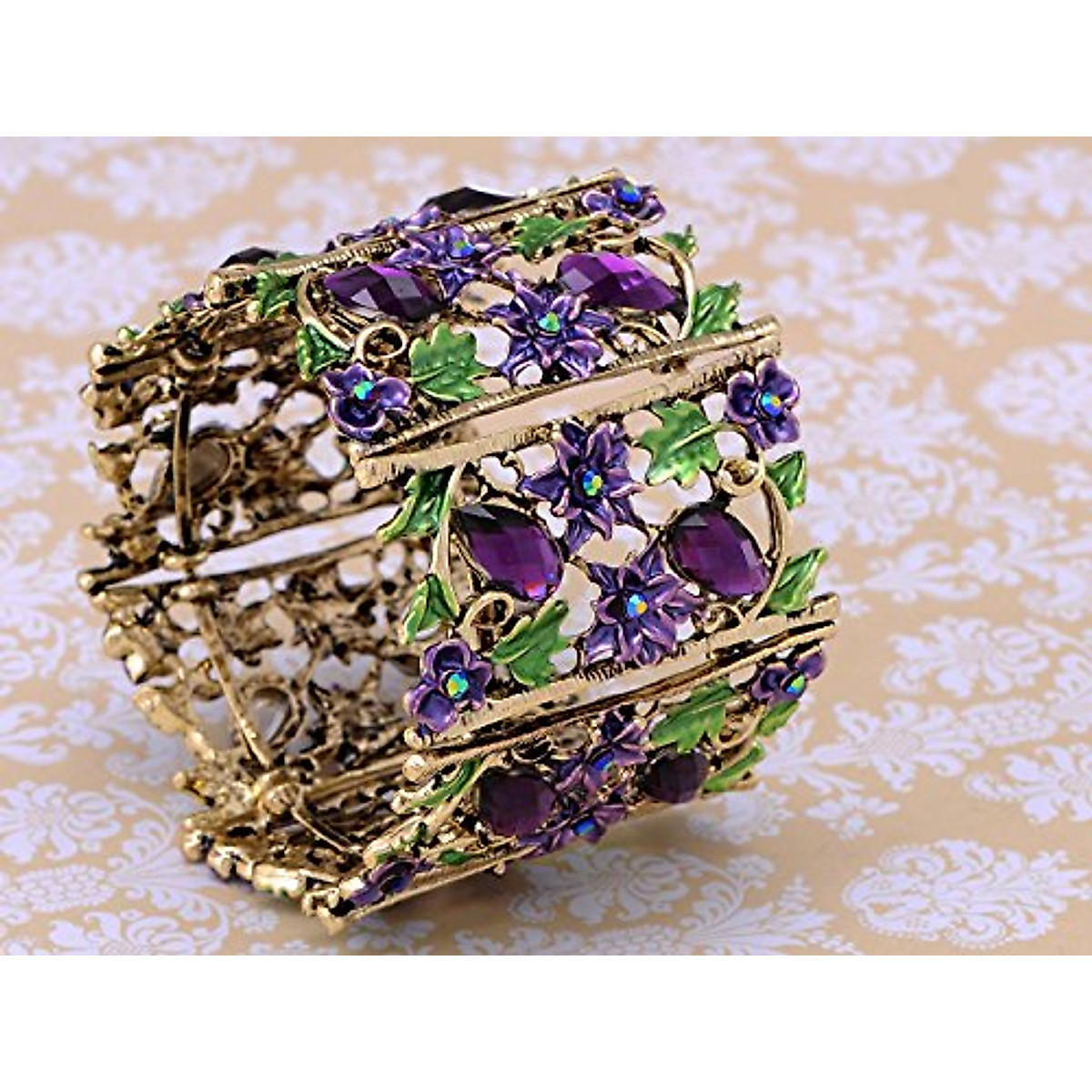 Alilang Antique Hollow Vintage Floral Topaz Crystal Rhinestone Flower Garden Bracelet Bangle Cuff, Purple Amethyst Flowers