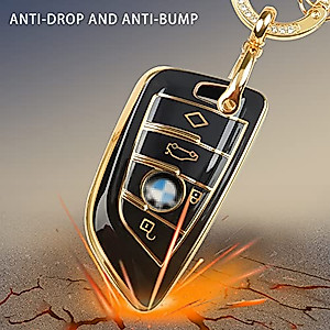 Key Fob Cover Case with Bling Keychain for BMW Accessories, Soft TPU Key Cover Compatible with 2 5 6 7 Series X1 X2 X3 X5 X6 (Black)