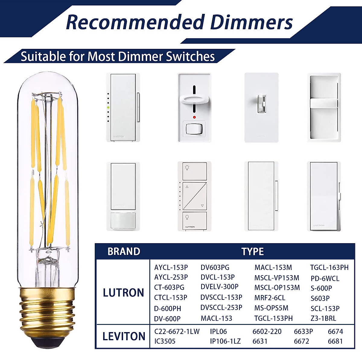 CREATE BRIGHT Candelabra Led Light Bulbs T10 Tubular Edison LED Filament Bulb 8W E26 Daylight White 5000K,Clear Glass,960LM,6 Pack