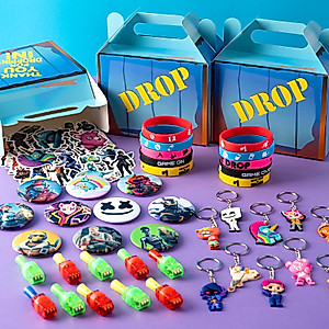 Game Party Supplies for Kids, 100 Pcs Party Favors - Bracelet, Gift Box, Button Pins, Key Chain, Stickers, Finger Light for Kids Themed Party