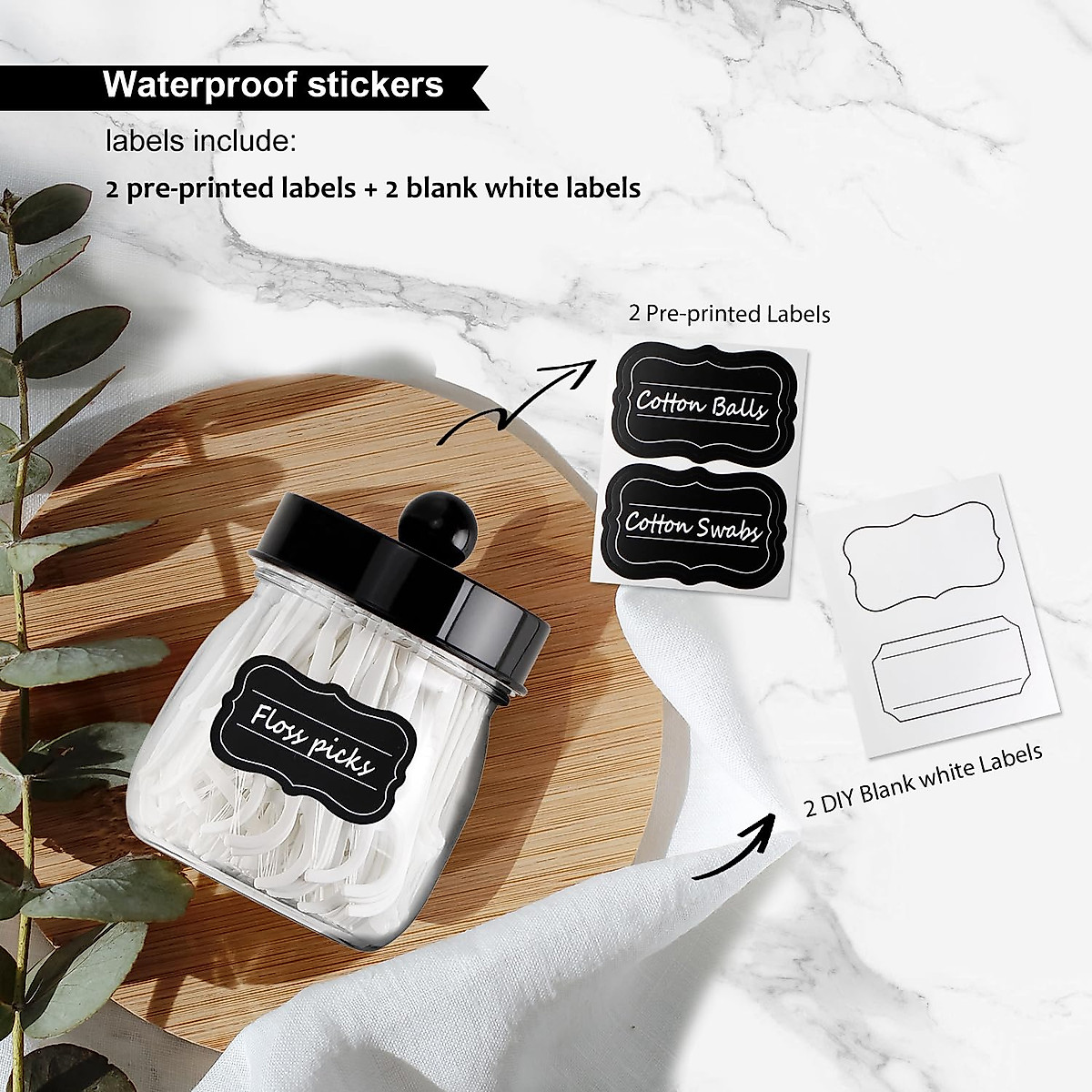 Farmhouse Decor Apothecary Jar Set,Mason Jar Bathroom Vanity Storage Organizer Canister - Qtip Holder Plastic Acrylic Jar for Cotton Swabs,Cotton Pads,Floss Picks,Paper Clips,Hair Clips(2 Pack,Black)