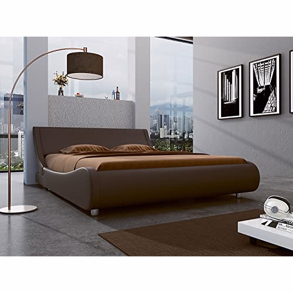 SHA CERLIN Modern Low Profile Platform Bed Frame Queen Size, Stylish Faux Leather Upholstered Sleigh Bed with Adjustable Headboard, No Box Spring Needed, Brown