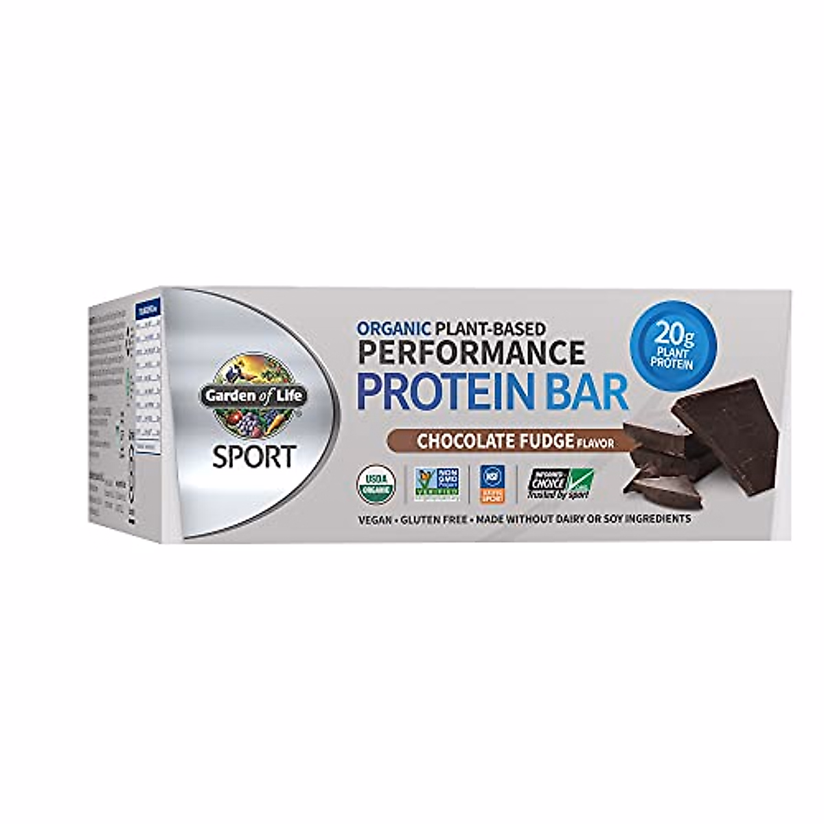 Protein Bars by Garden of Life SPORT, Organic Vegan Protein Bar for Women and Men - Chocolate Fudge, 20g Pure Protein per Bar with BCAAs and 9g Fiber, High Protein for Pre and Post Workout, 12 Count