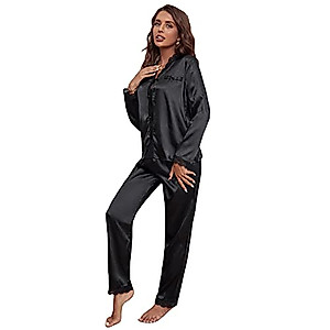 MakeMeChic Women's Satin PJ Set Silk Lace Trim Button Down Shirt and Pants Pajama Set Black XXL