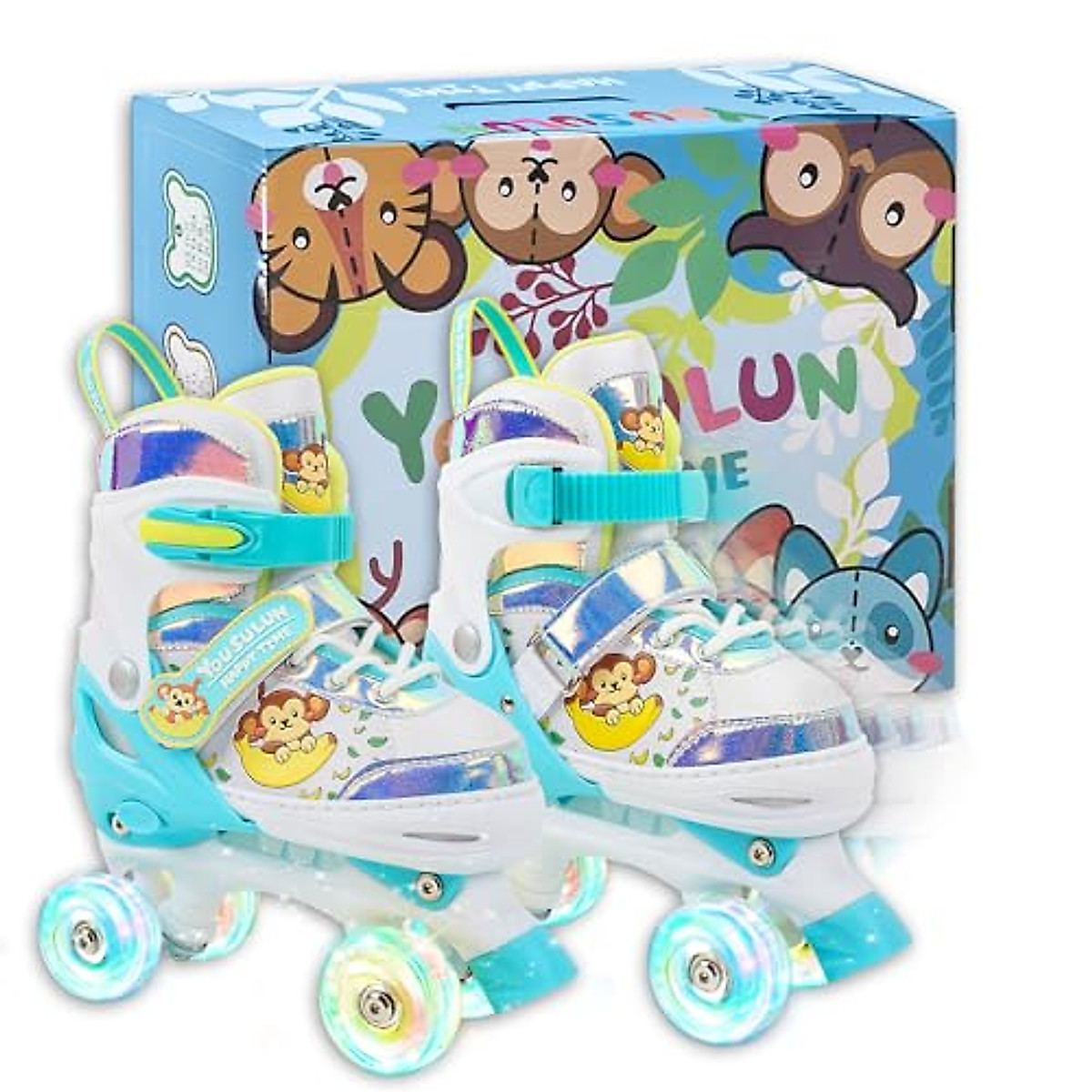 Kids Roller Skates with Light up Wheels 4 Sizes Adjustable Fun Illuminating Roller Skates for Toddler Kids Beginners Outdoor Skating with Hard-Shell Ankle Support (Blue, Large-(4Y-7Y))