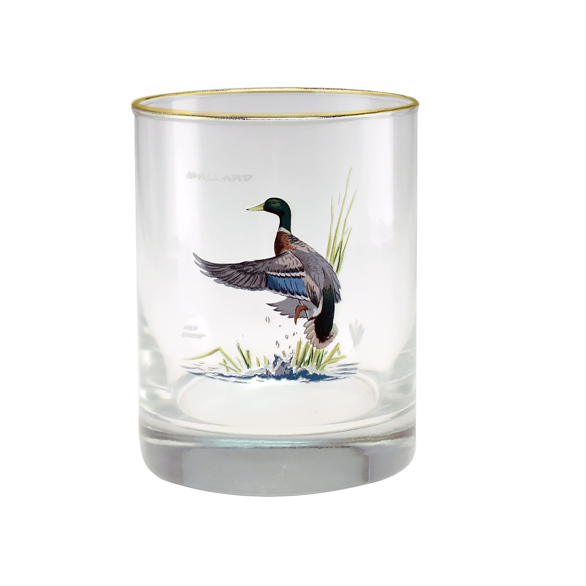 Culver Ned Smith 22k Gold Rim Waterfowl DOF Double Old-Fashioned Glasses, 13.5-Ounce, Assorted Set of 4