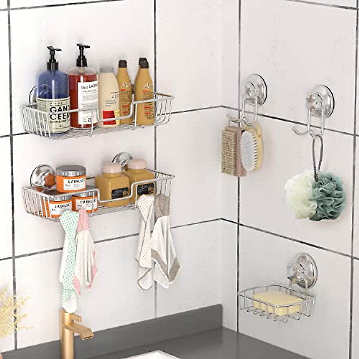 ARCCI Suction Cup Shower Caddy 3 Pack, Stainless Steel Bathroom Storage Shower Organizer Shelves, Suction Bar Soap Dish Holder & Bath Hook, Shower Shelf Basket for Inside Shower, Bathroom Organization