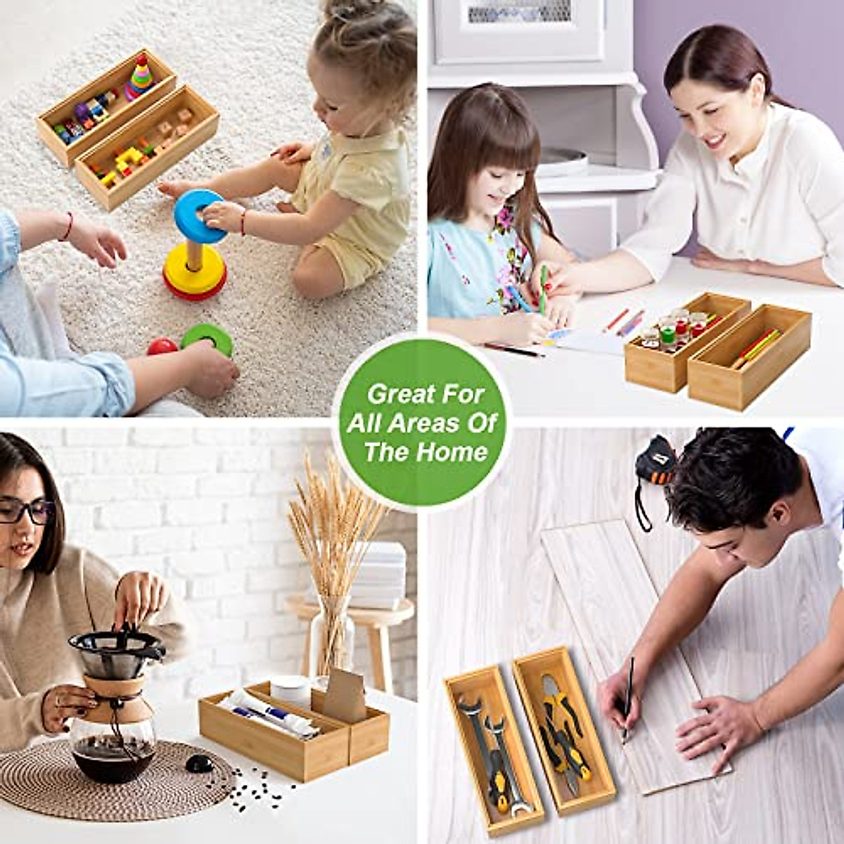 Lixple Bamboo Drawer Organizer - Set of 2, Stackable Storage Box, Silverware Tray for Drawer, Small Gadgets Holder 9” x 3” x 2”