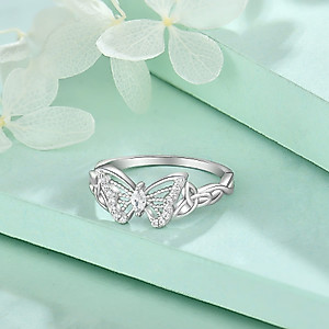 FJ Butterfly Ring 925 Sterling Silver Irish Celtic Knot Ring 18K White Gold Plated with Cubic Zirconia Irish Jewelry Gifts for Women Size 5