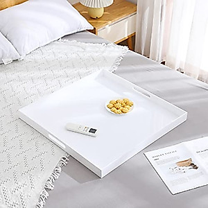 KEVJES Large White Acrylic Serving Tray with Handles-24x24x2 Inch Big Size Spill Proof Tray for Ottoman,Coffee Table, Breakfast, Tea, Food, Butler -Safe Edge Organizer Tray Decorative Tray